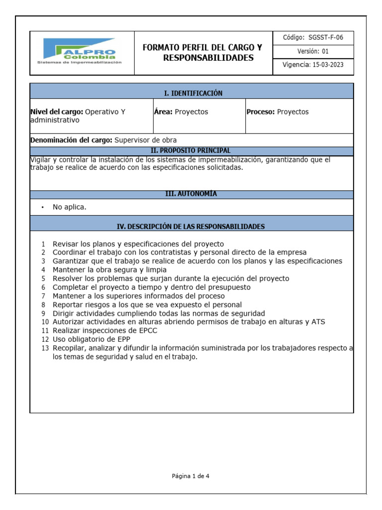 Perfil de Cargo Supervisor de Obra | PDF | Ingeniero civil | Químico