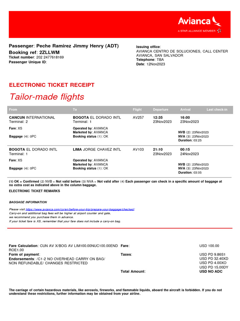 Avianca Ticket for Peche Ramirez | PDF