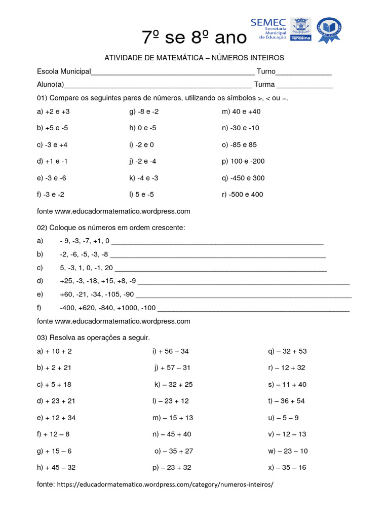 Atividades de Matemática: Números Inteiros para 7º e 8º Ano | PDF | Matemática