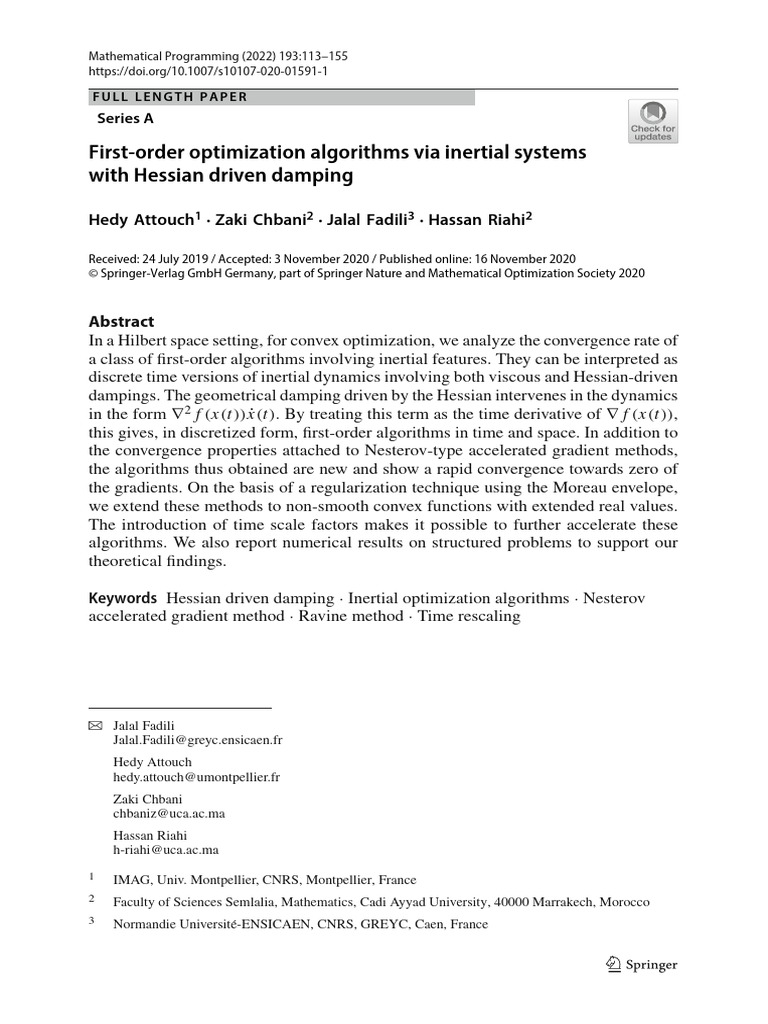 First-Order Optimization Algorithms Via Inertial Systems With Hessian Driven Damping | PDF ...