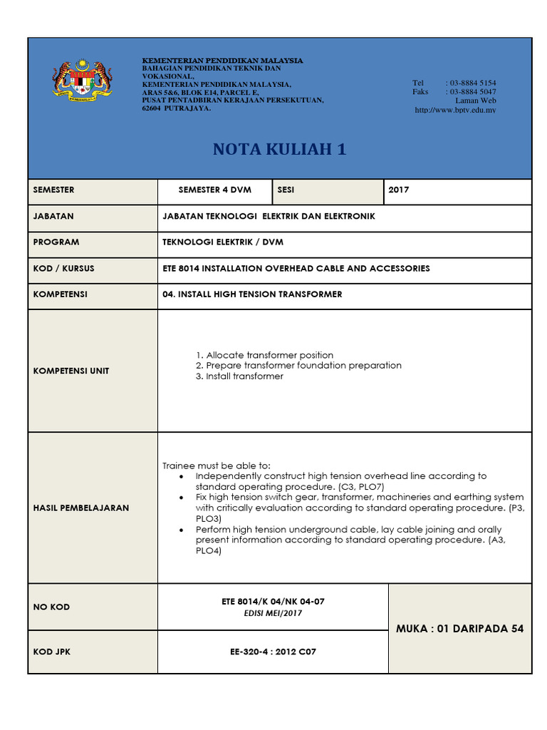 Nota Kursus Dea4313 Installation Overhead Cable and Accessories | PDF