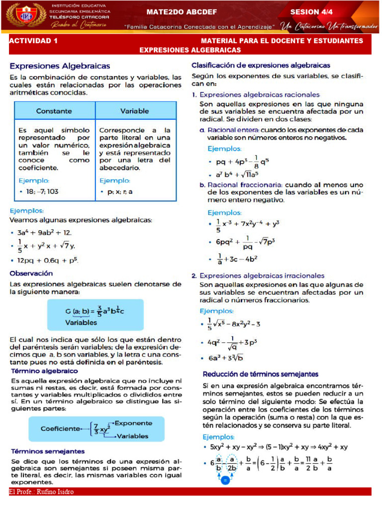 4ta Actividad de Sesion 4 Expresiones Algebraicas y Polinomios | PDF ...