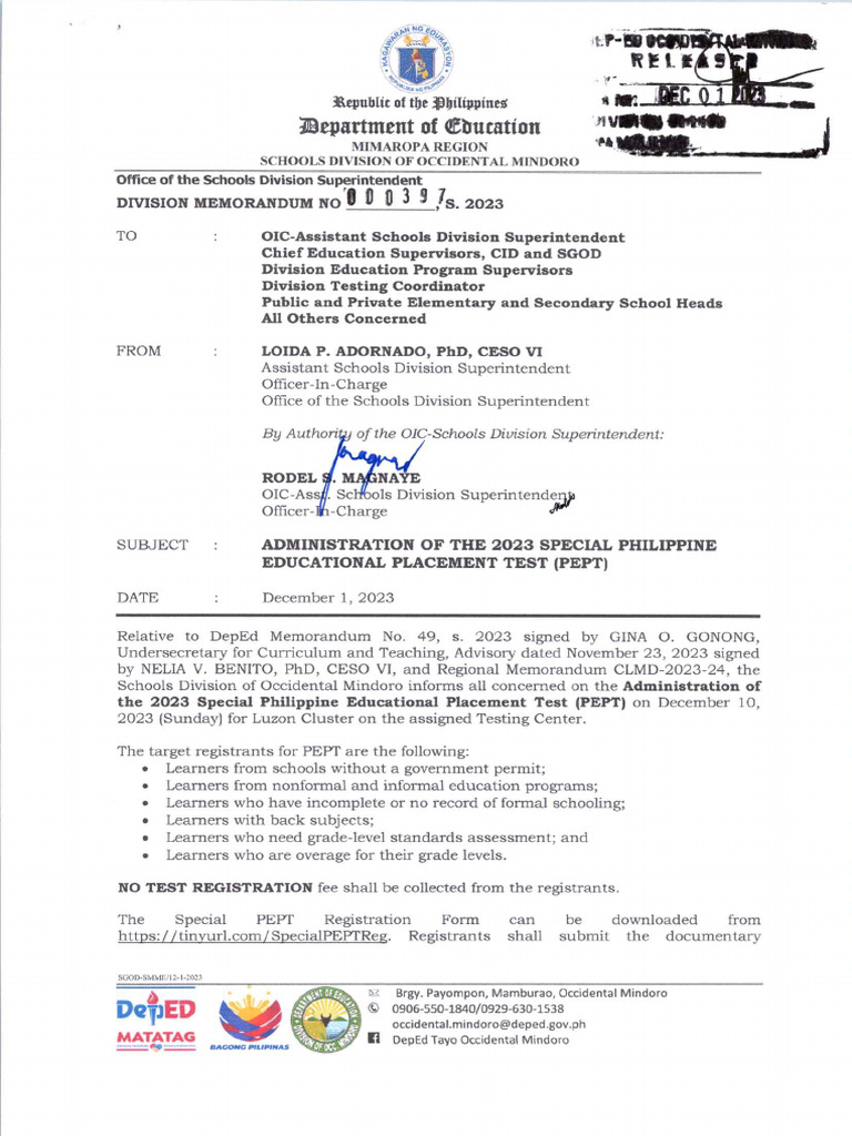 397 Administration of The 2023 Special Philippine Educational Placement ...