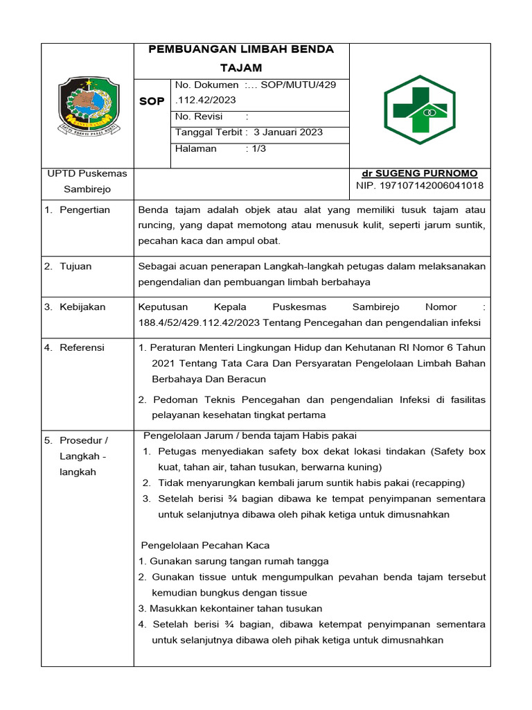 Sop Pembuangan Limbah Medis Tajam | PDF