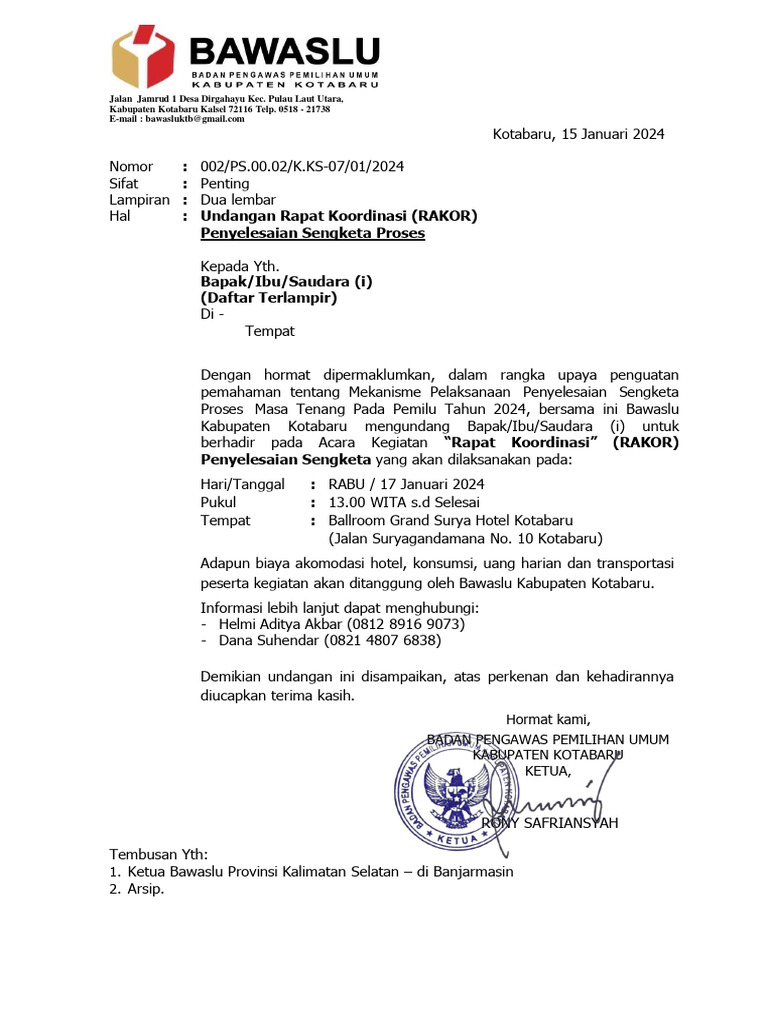 Undangan Rapat Koordinasi Pemilu 2024 | PDF