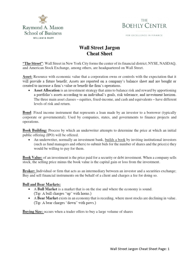 Wall Street Jargon Cheat Sheet | PDF | Stocks | Investing