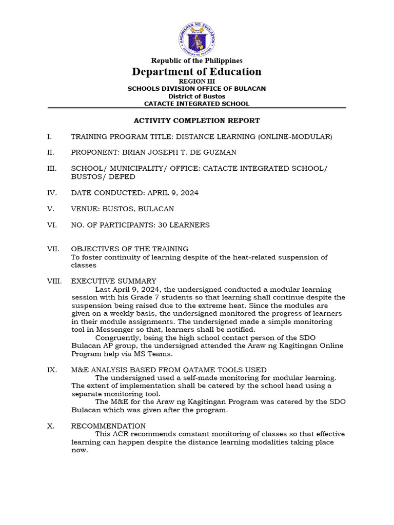 Modular Learning Report for Catacte School | PDF | Learning | Behavior ...