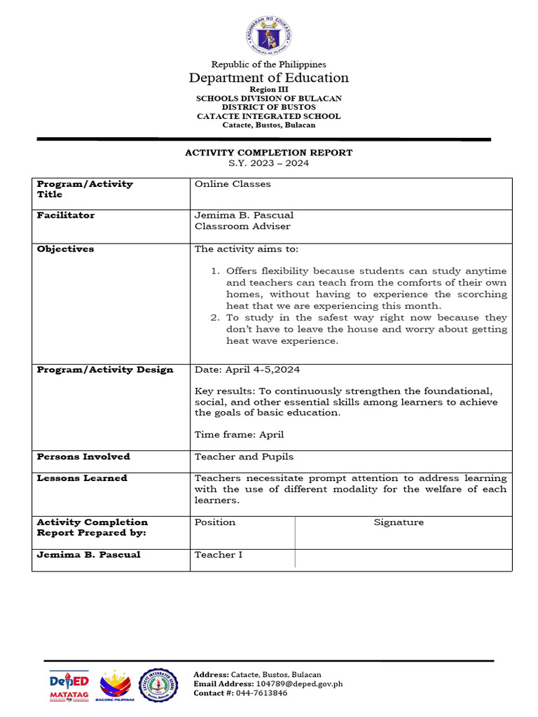 ACTIVITY-COMPLETION-REPORT-jem | PDF | Educational Technology | Teachers