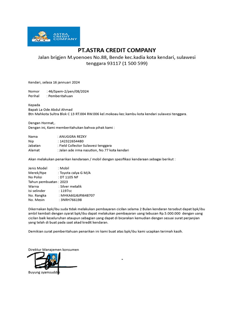 Surat Pemberitahuan Acc Finance | PDF