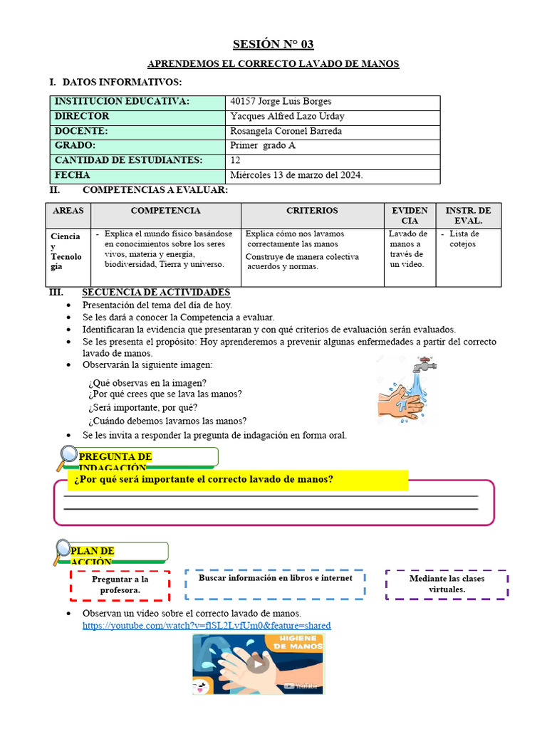 Sesión N°3-Cyt-Correcto Lavado de Manos-Miercoles 13 Marzo | PDF ...