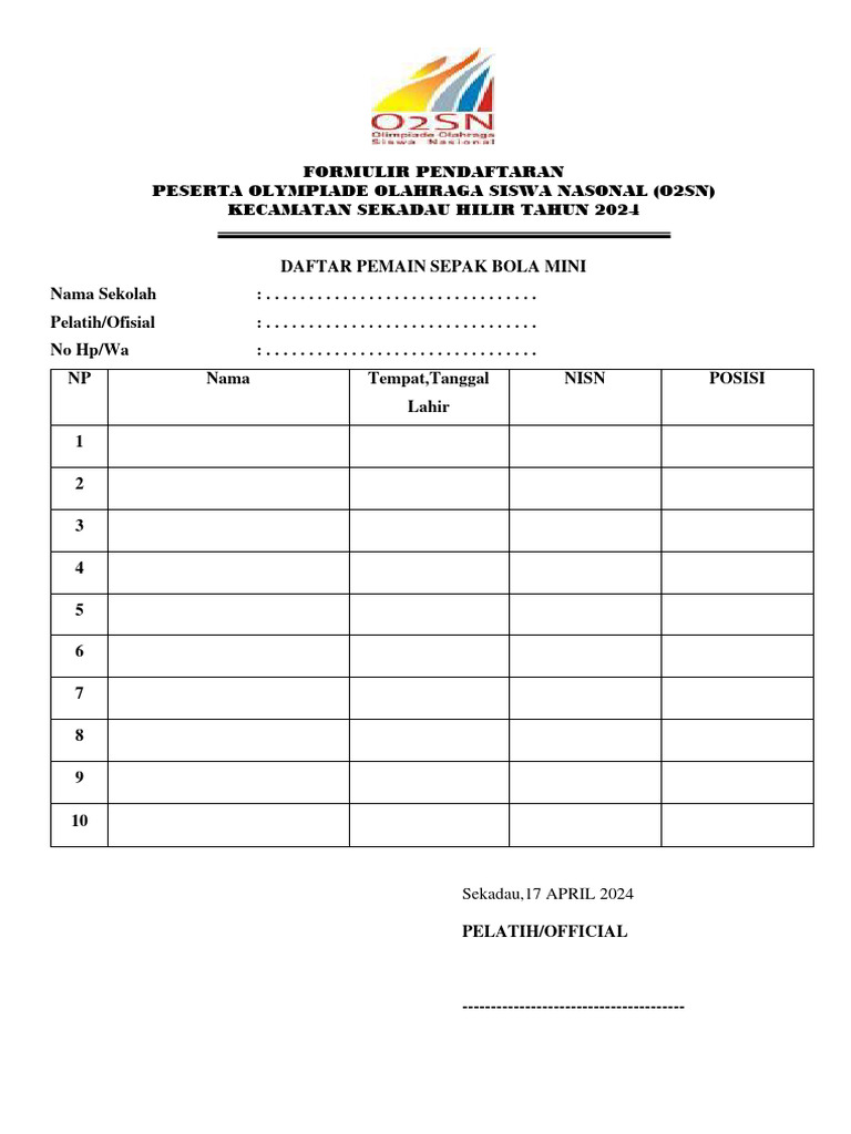 Formulir - Pendaftaran - O2SN - Tingkat Kecamatan 2024 | PDF