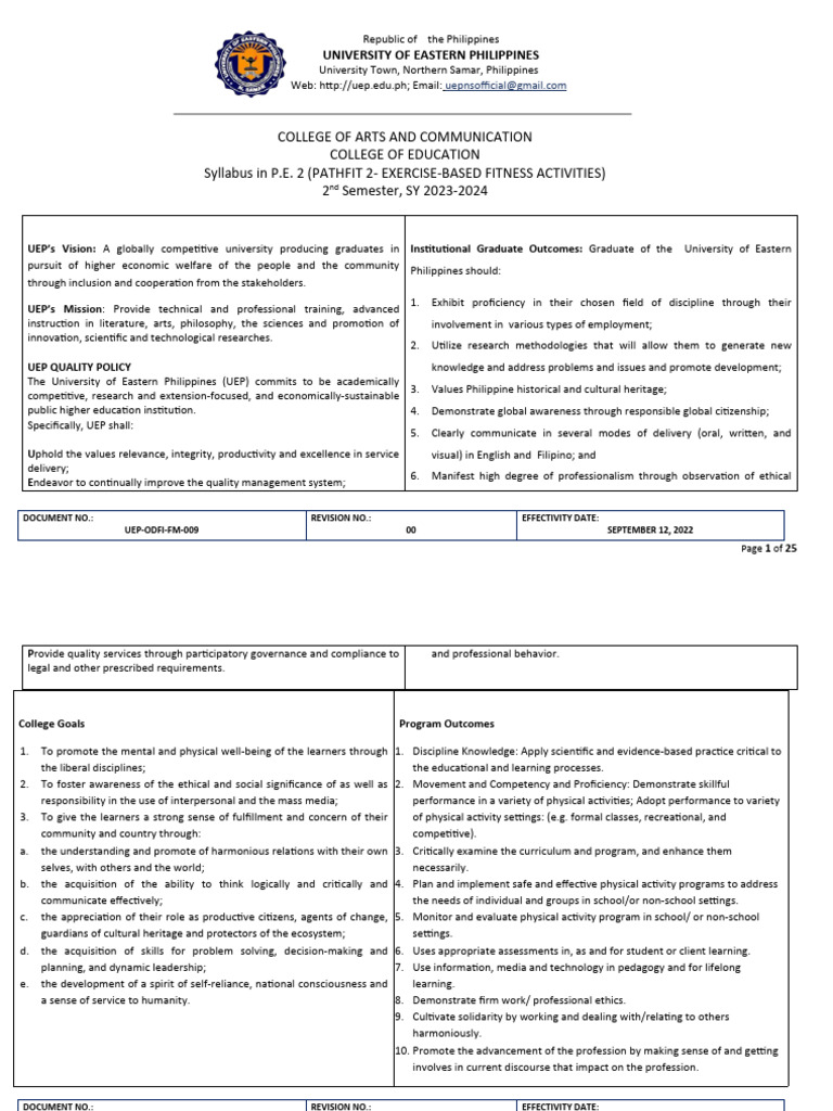 Syllabus For PATHFIT 2 EXERCISE BASED FITNESS ACTIVITIES 2nd Sem. AY 23 ...