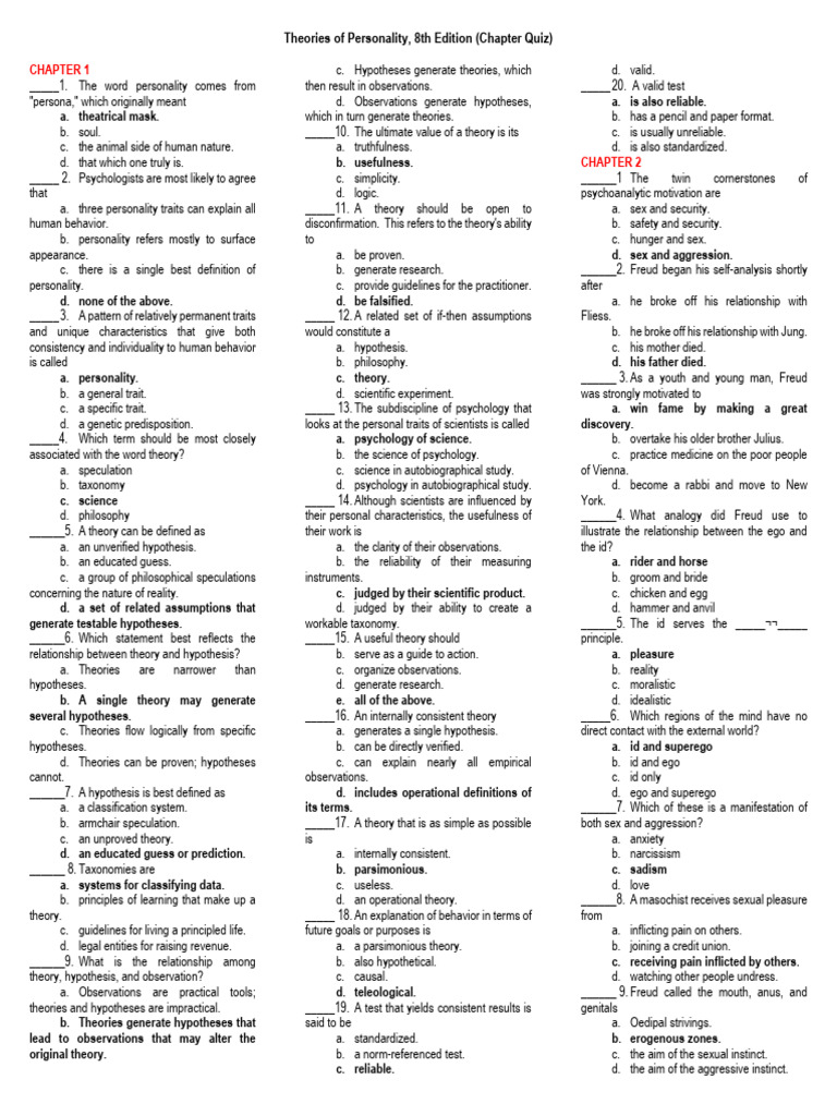 Theories of Personality: Chapter Quiz | PDF | Id | Oedipus Complex