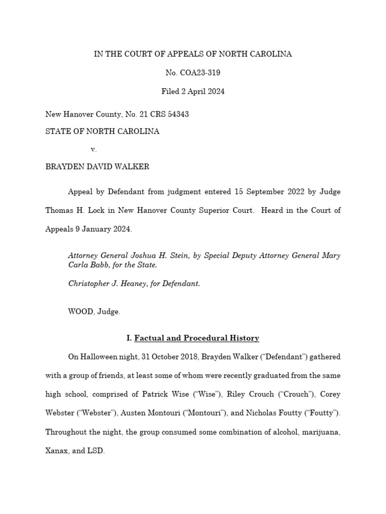 STATE OF NORTH CAROLINA v. BRAYDEN DAVID WALKER | PDF | Crimes | Crime ...