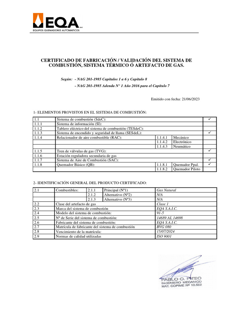 Quemador 91-5 #Serie 14689 Al 14698 - Certificado de Fabricación | PDF ...