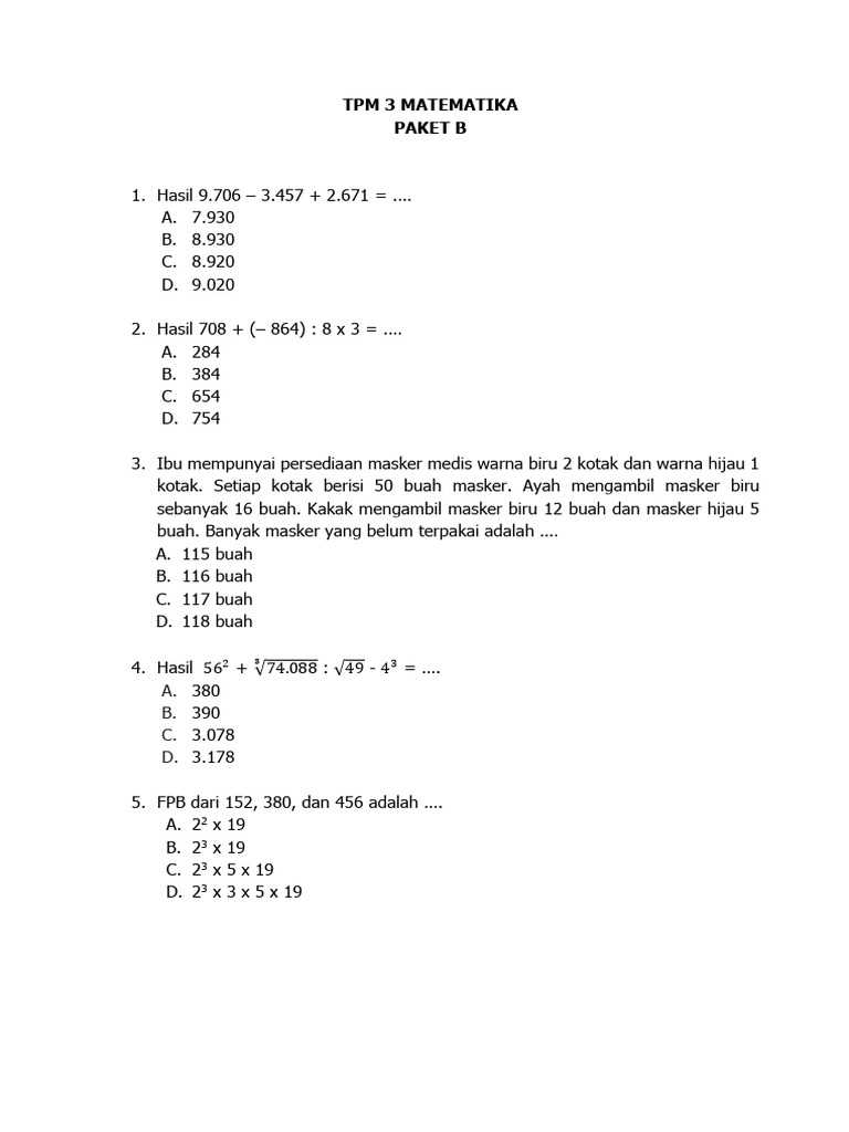 Soal TPM 3 MTK Paket B Revisi | PDF
