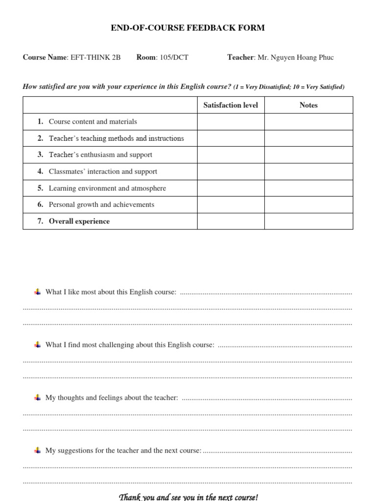 End of Course Feedback Form | PDF | Teachers | Cognition