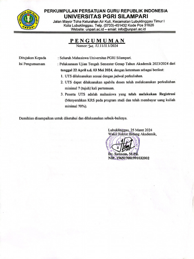 Pengumuman UTS Genap 2024 | PDF