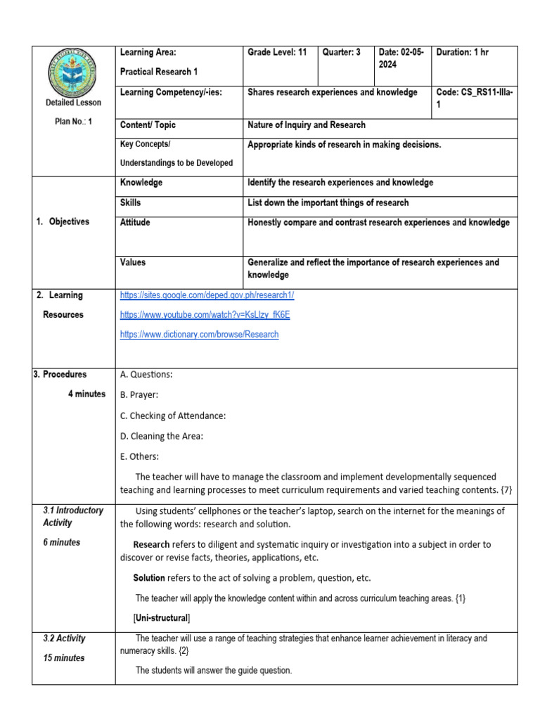 Grade 11 Research Lesson Plan | PDF | Learning | Teachers