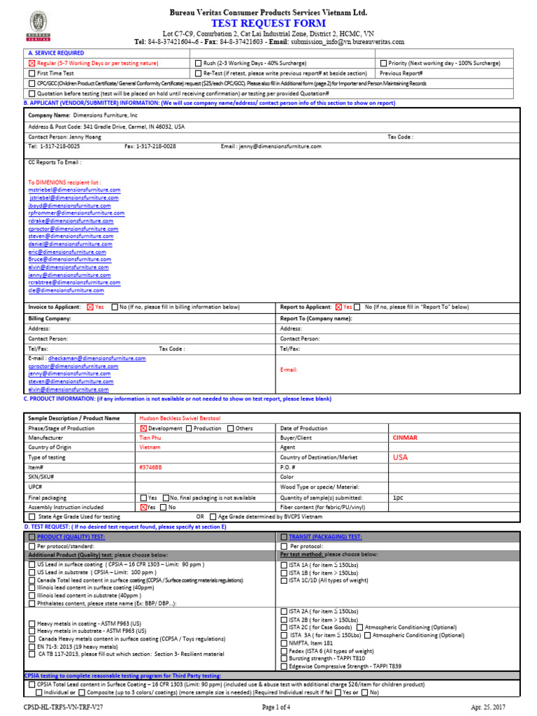 Bureau Veritas Test Request Form | PDF | Materials