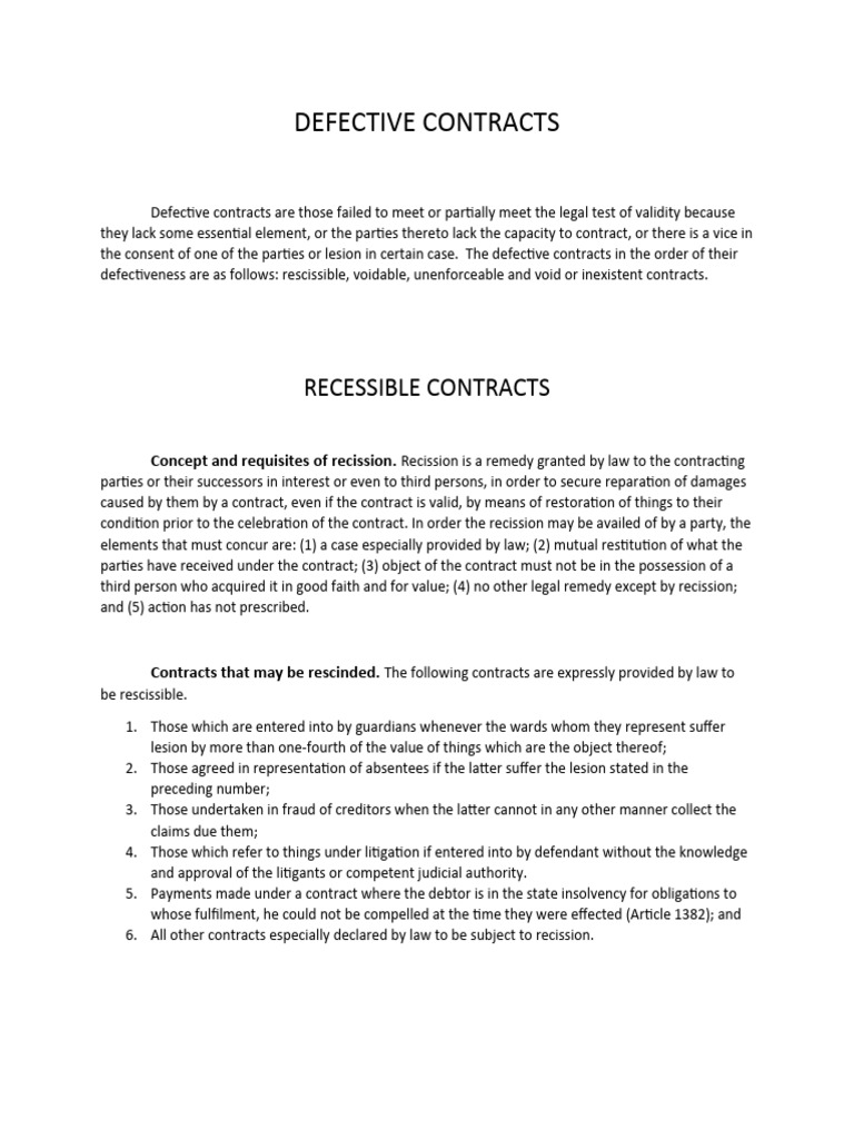 Defective Contracts | PDF | Insolvency | Business Law