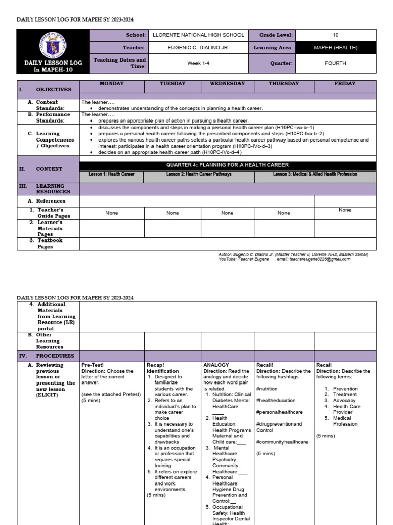 Q4 DLL-MAPEH 10 - Health-Wk1-4 | PDF | Medical Diagnosis | Health Care