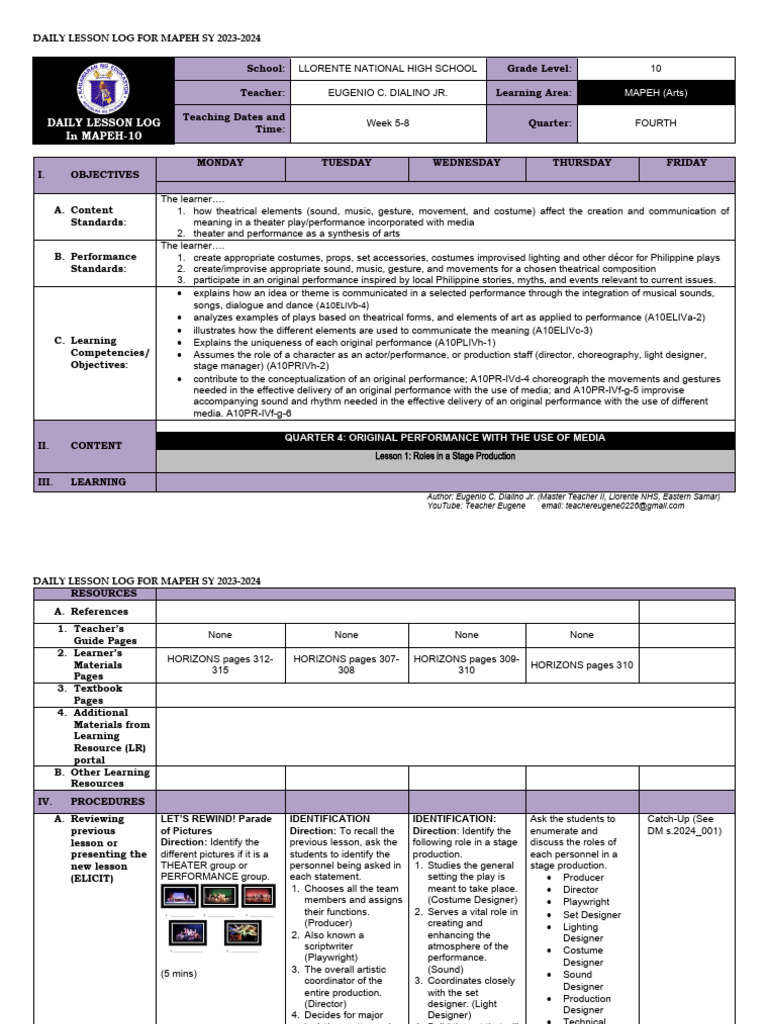 Q4 DLL-MAPEH 10 - Arts-Wk5-8 | PDF | Learning | Human Communication