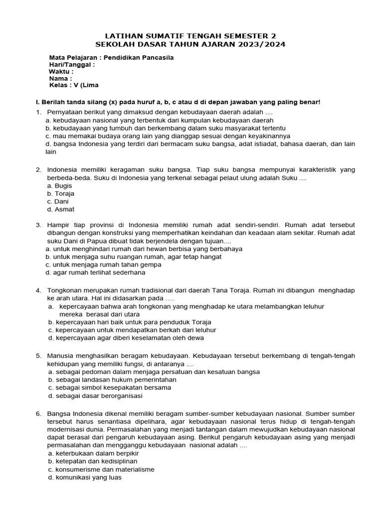 Soal PTS-STS Pendidikan Pancasila Kelas 5 Semester 2 Kurikulum Merdeka T.A 2023-2024 | PDF