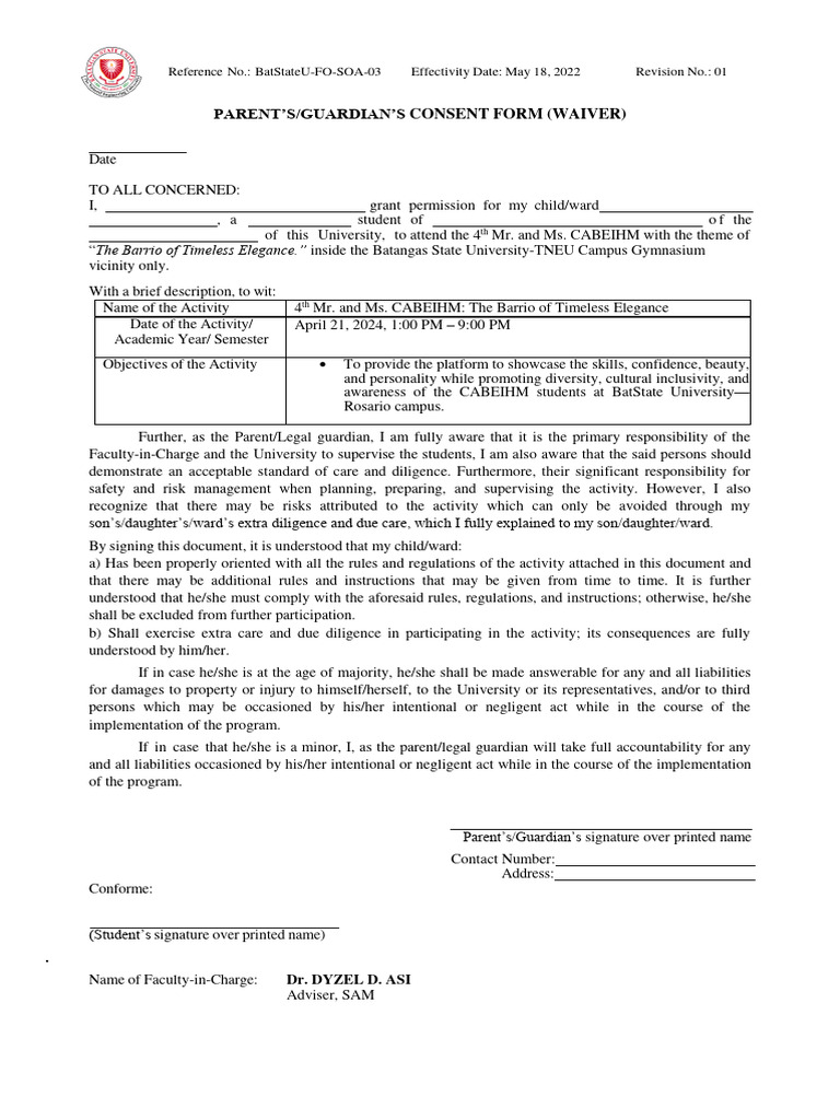 Mr. and Ms. CABEIHM 2024 BatStateU FO SOA 03 - Parent - S Consent Form Waiver | PDF | Civil Law ...