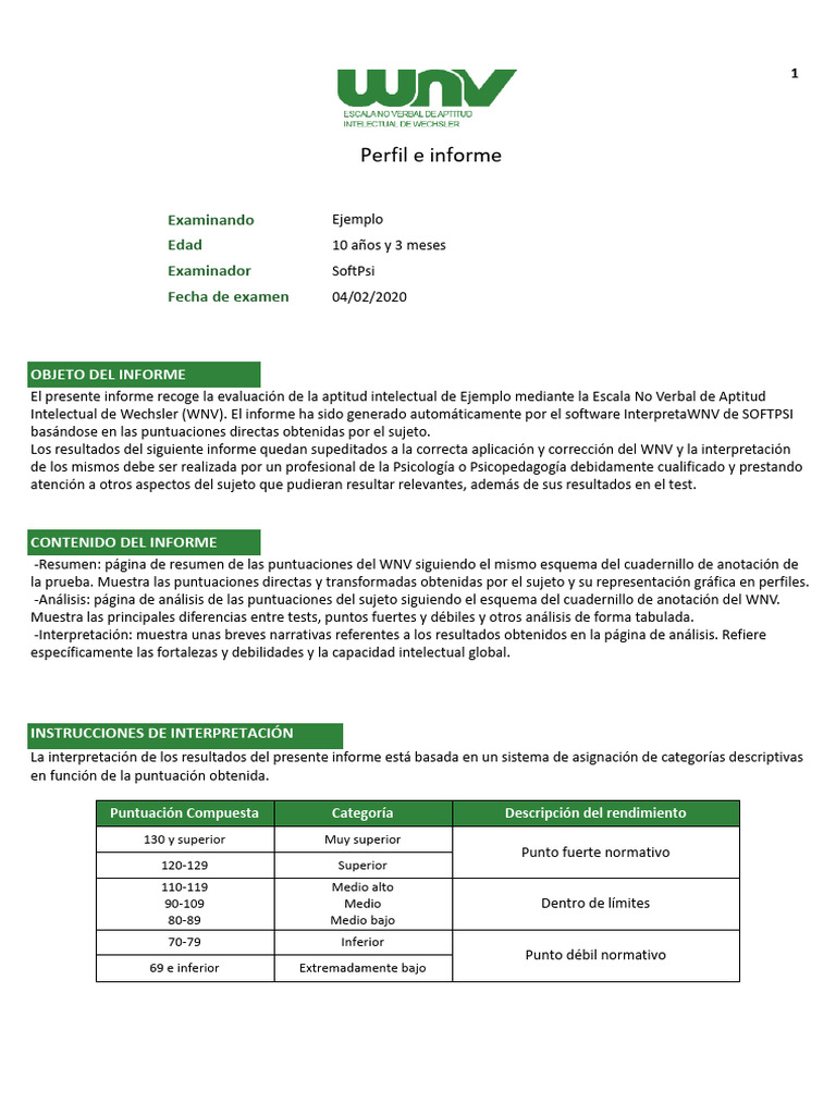 Ejemplo WNV | PDF | Escala de inteligencia para adultos de Wechsler | Cognición