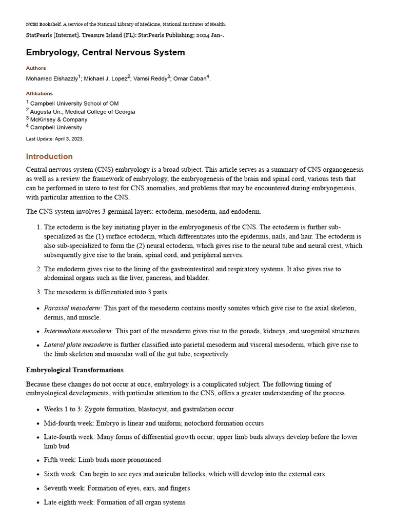 CNS Embryology Overview | PDF | Nervous System | Central Nervous System