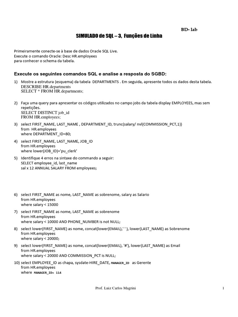 Simulado - SQL - 3A - Funções de Linha - HR | PDF | SQL | Tabela (banco ...