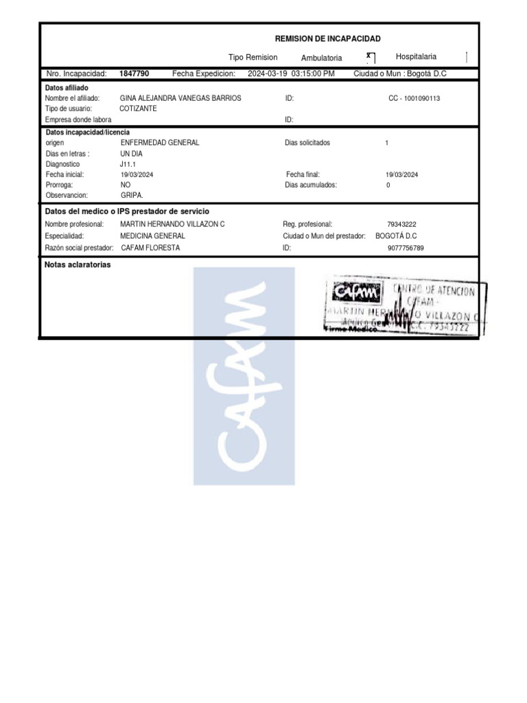 Incapacidad cafam paciente Gina. | PDF