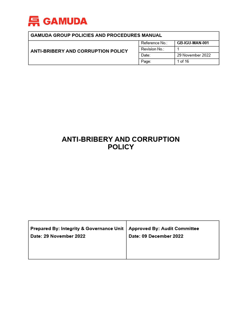GAMUDA ABC Policy - GB IGU MAN 001 - R2 | PDF | Political Corruption ...
