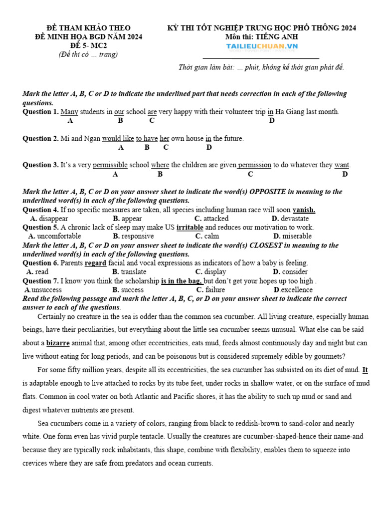 ĐỀ VIP 5 - PHÁT TRIỂN ĐỀ MINH HỌA THAM KHẢO BGD MÔN ANH NĂM 2024 ( MC2 )_hj3Sj661Le | PDF | Sea ...