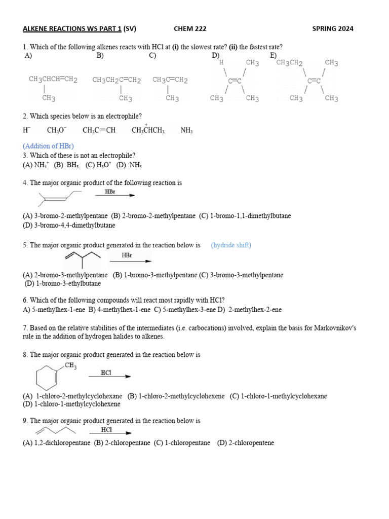 Alkene Rxns Sv Part 1 Pdf Chemical Reactions Molecules