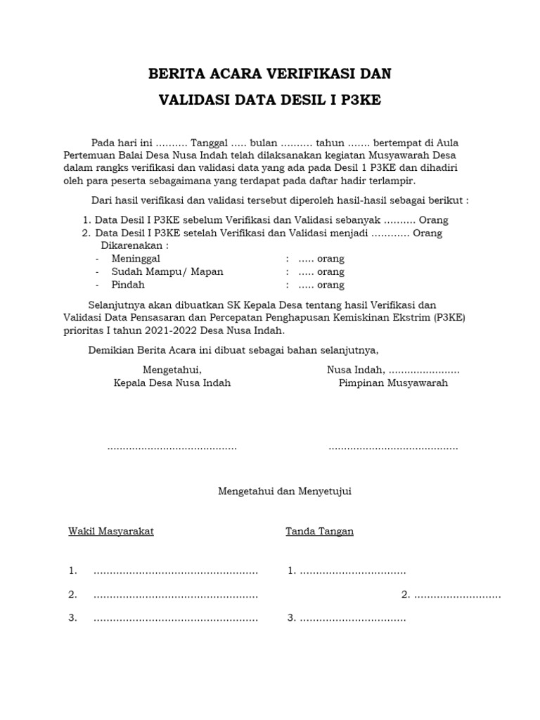 Berita Acara Verifikasi Dan Validasi Data Desil I P3KE | PDF | Politik | Ilmu Sosial
