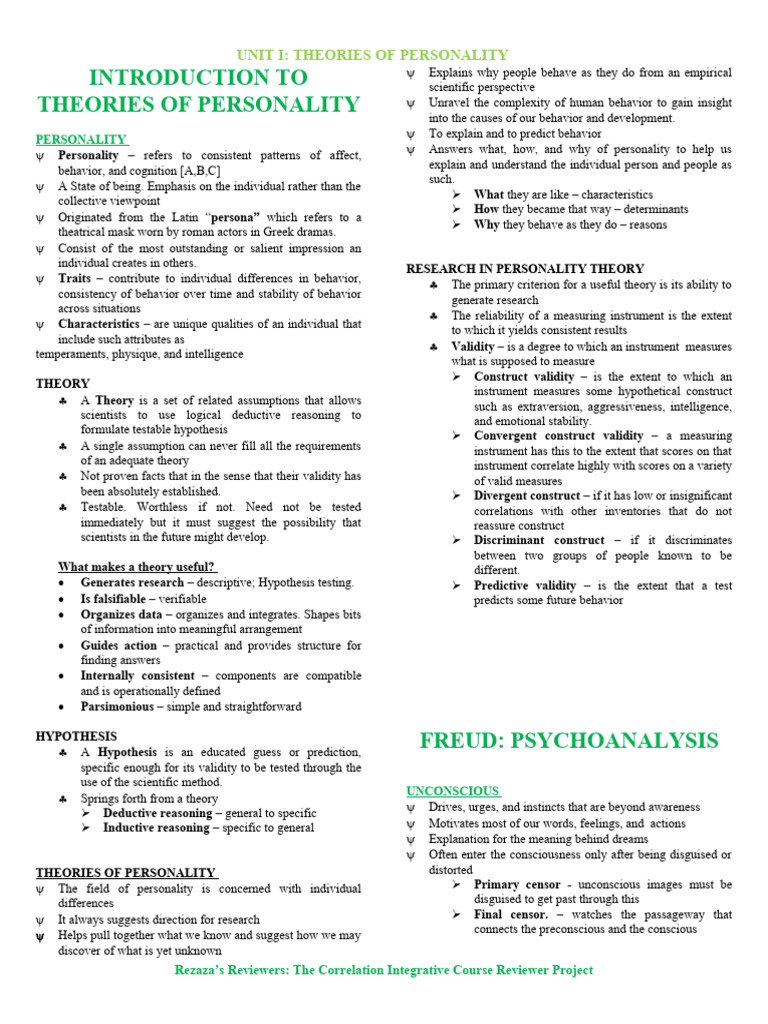 Theories of Personality - Board Exam Reviewer | PDF | Id | Unconscious Mind