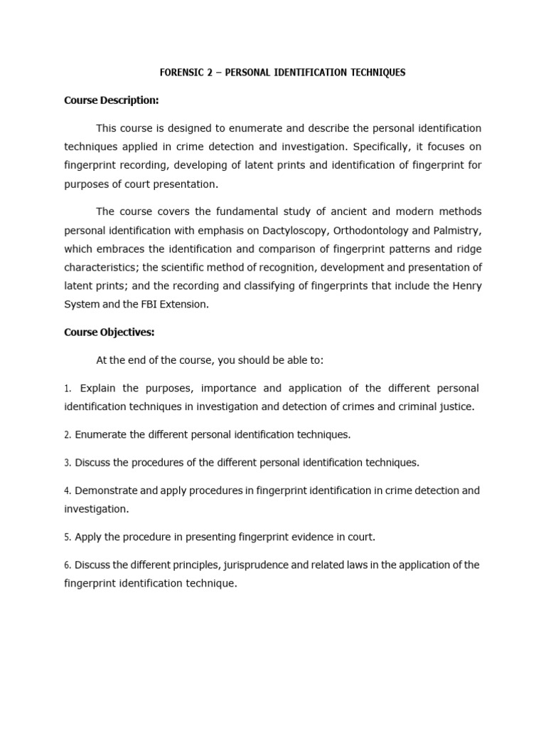 Personal Identification Techniques Notes Pdf Forensic Science