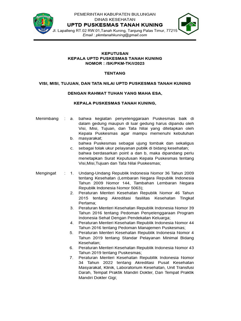 SK Visi, Misi, Tujuan & Tata Nilai | PDF