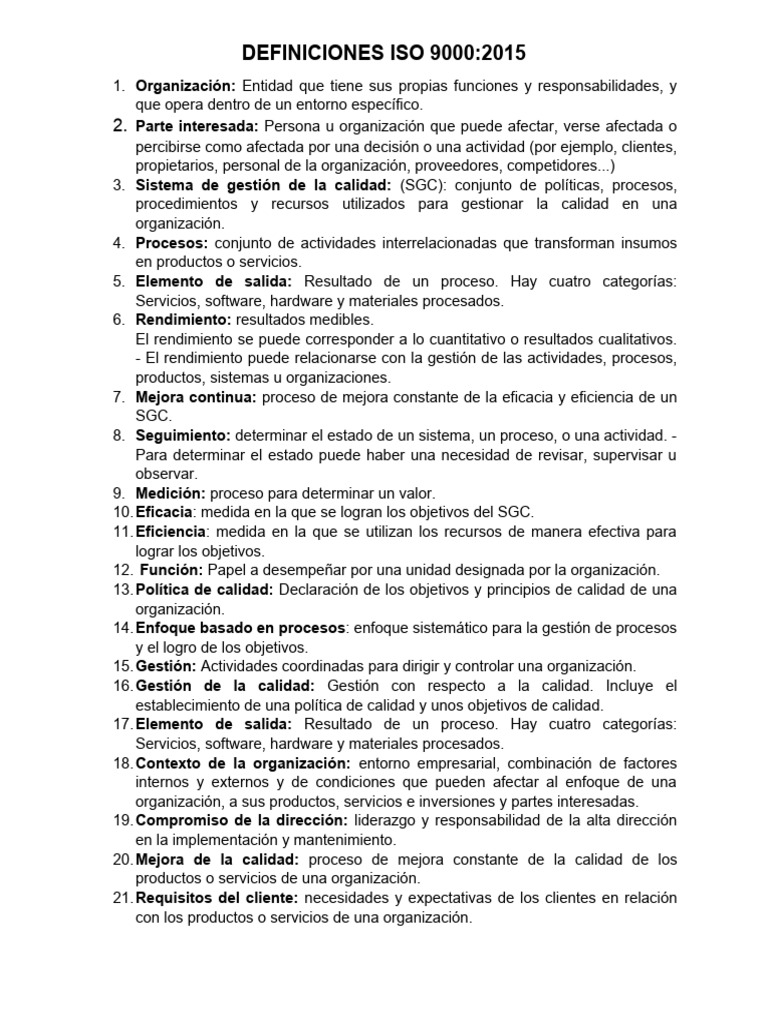 Definiciones Clave ISO 9000:2015 | PDF | Calidad (comercial) | Gestión ...