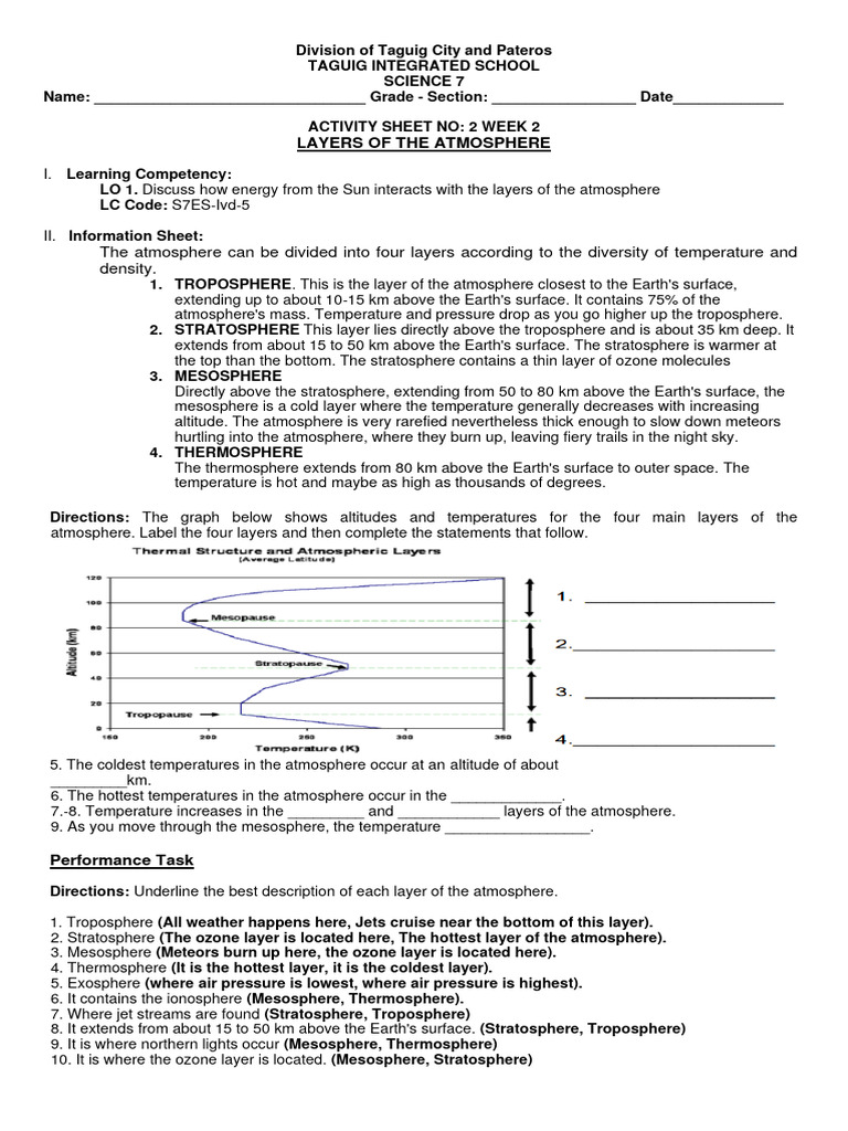 Layers of the Atmosphere Worksheet | PDF | Atmosphere Of Earth | Atmosphere