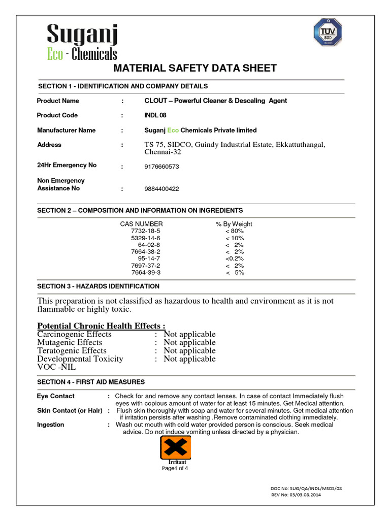 MSDS - Clout - Powerful Cleaner &descaling Agent | PDF | Hazards ...