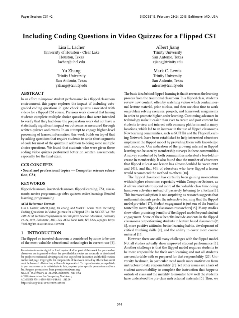 Including Coding Questions in Video Quizzes For A Flipped CS1 | PDF ...
