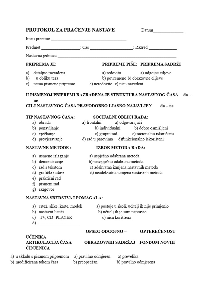 Protokol Za Praćenje Nastave | PDF
