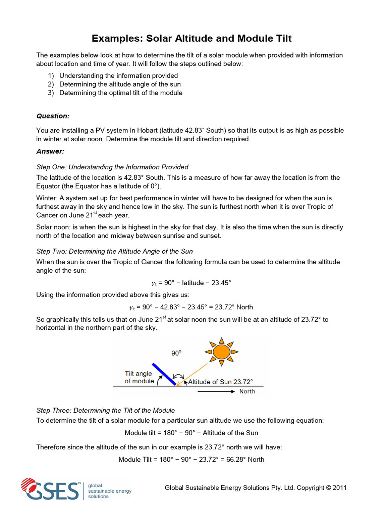 Altitude of The Sun and Module Tilt Examples | PDF | Equator | Sun