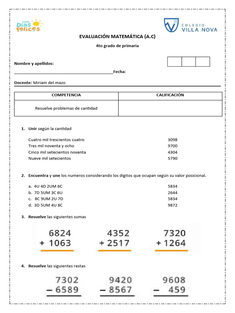 Evaluación Matemática 4to Grado | PDF