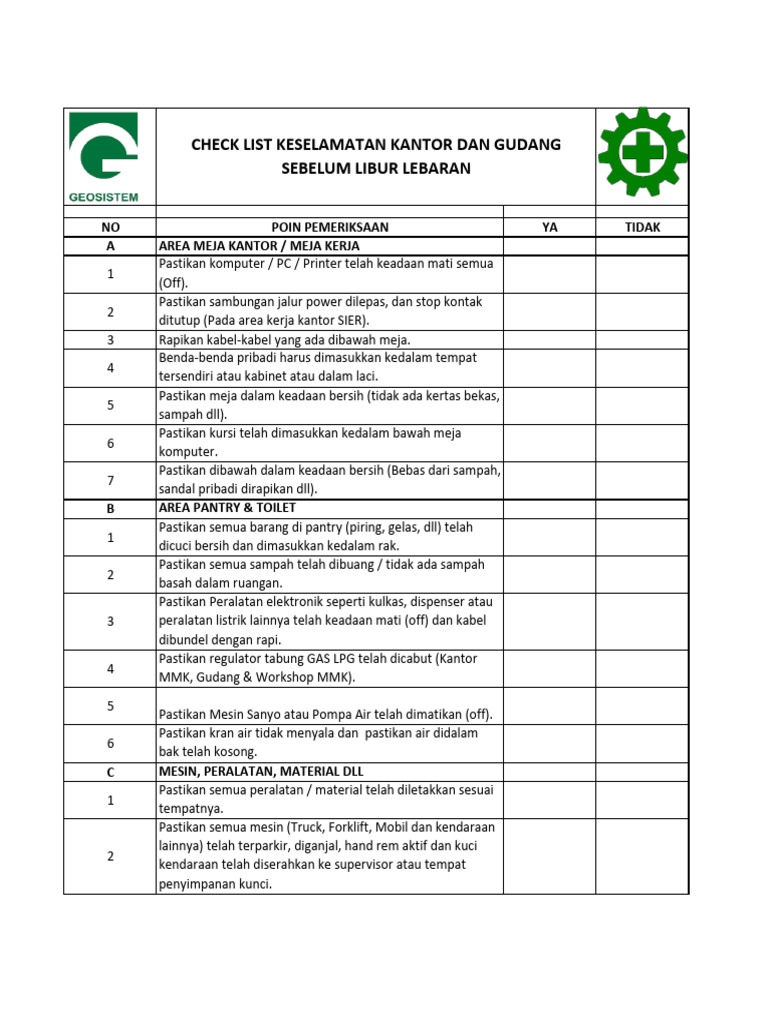 Checklist Keamanan Kantor Sebelum Libur | PDF