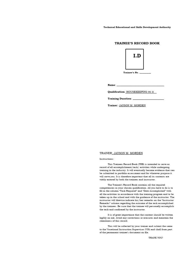 Trainee's Record Book | Download Free PDF | Housekeeping