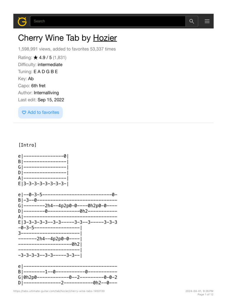 CHERRY WINE TAB by Hozier @ | PDF